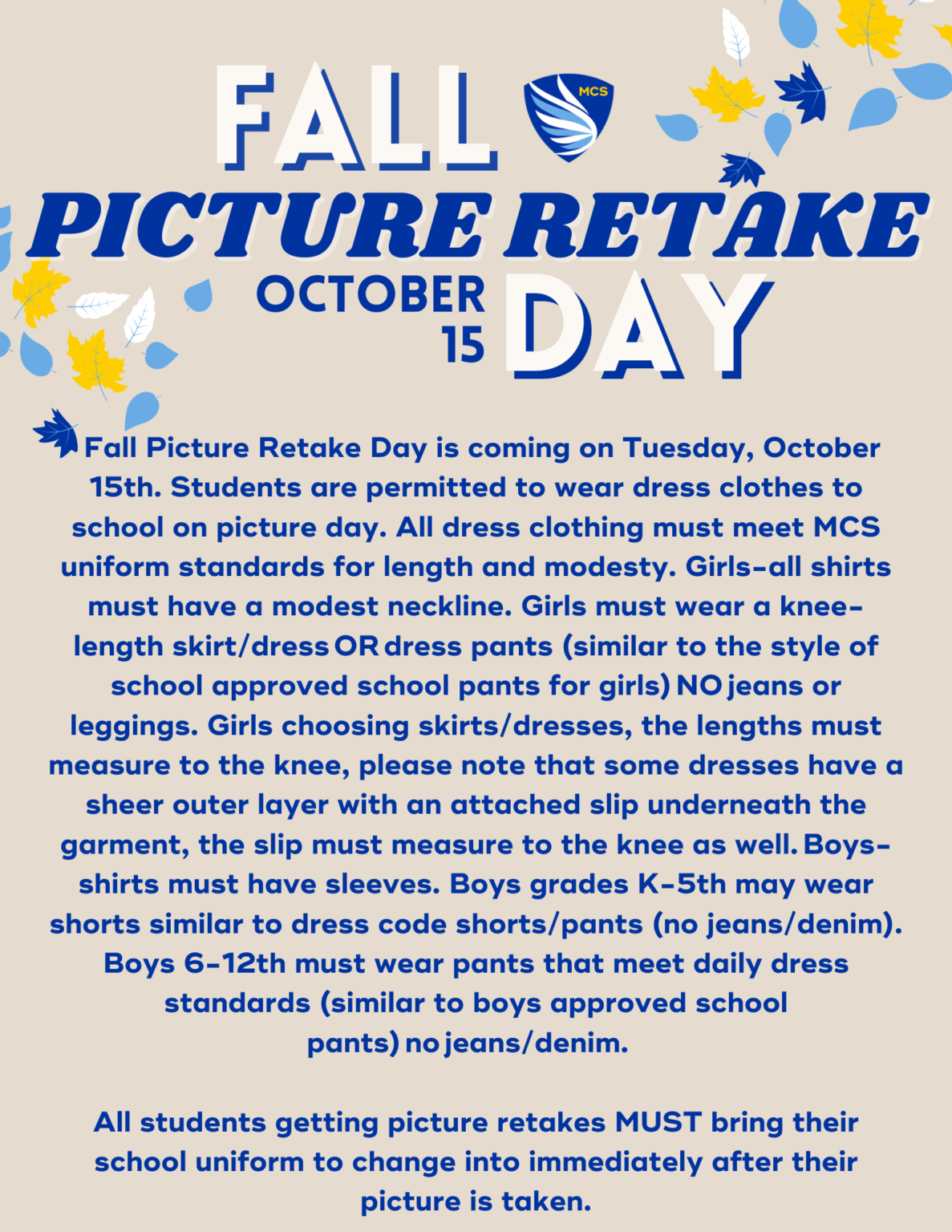 Fall Picture Retake Day 2024 - Middletown Christian Schools